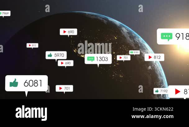 As sun rising, camera rotating Earth revealing engagement icons showing ...