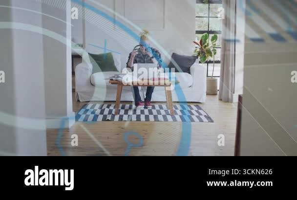 Man typing laptop noticing sweeping swirling graphic initiating tech ...