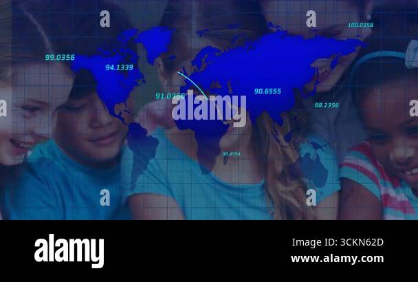 Projected world map fading in guiding students leaning in tracing ...