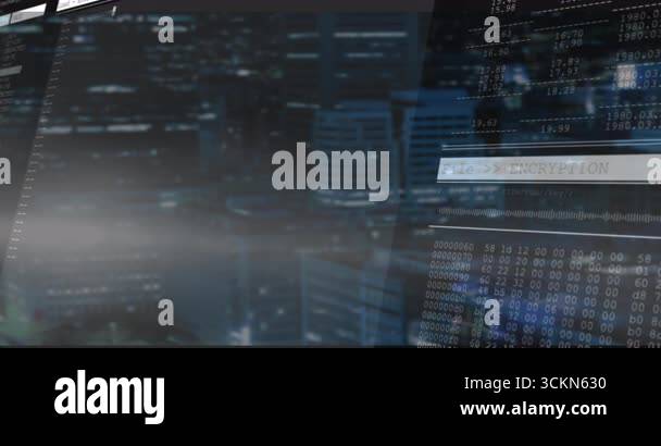 Opening blurred skyline, encryption overlay sliding, updating data ...