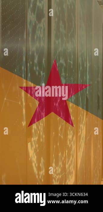 Red star and yellow background animation over data center servers ...