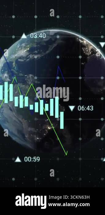 Animation of data processing over grid network against globe on black ...
