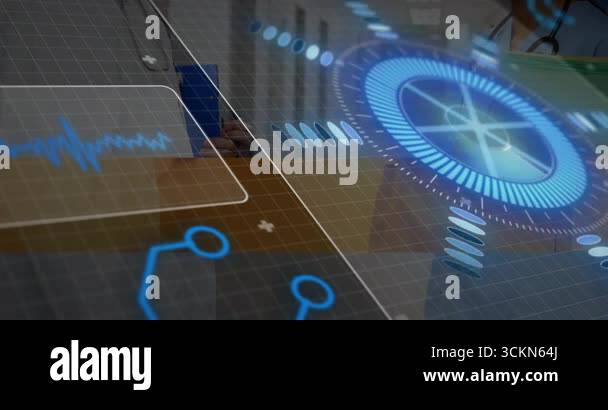 Medical professional tapping tablet activating semi-transparent overlay ...