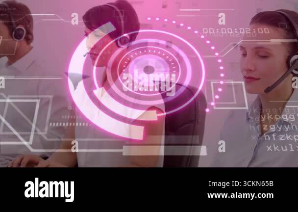 Call center agents typing keys activating pink HUD rotation while ...