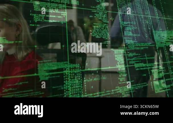 Code overlay parting while female office worker lifting tablet ...