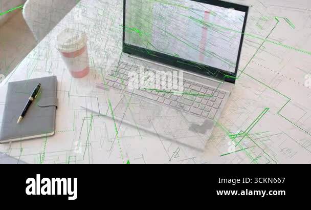 Green lines starting around coffee cup, laptop spreading across desk visualizing data flow ...
