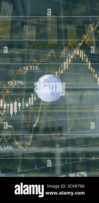 Animation of financial graphs and globe over building. Global finance ...