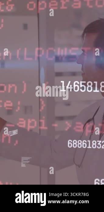 Animation of changing numbers and computer language over caucasian doctor analyzing x-ray report ...