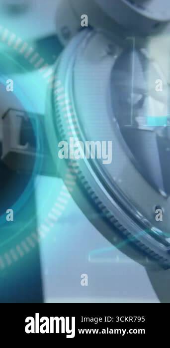 Animation of digital screen with data over optic machinery. Digital ...