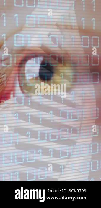 Animation of binary coding and dna strand over eye. Global medicine and digital interface ...