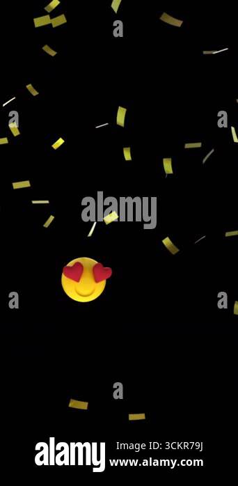 Animation of gold falling over emojis with red heart eyes on black ...