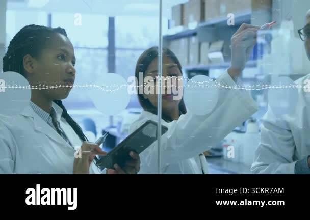 Scientists lifting red marker, tapping tablet, sketching research ...