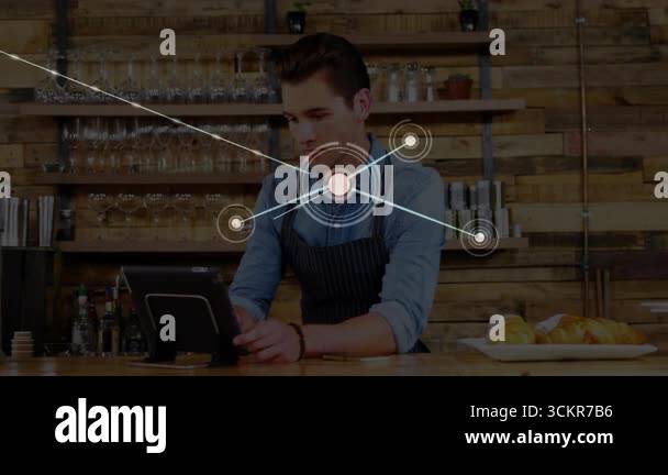 Barista tapping terminal and entering data with tech network nodes ...