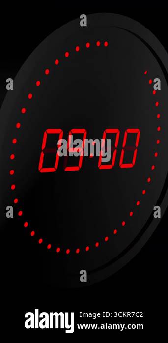 Animation of red digital timer changing on black background. Time, digital interface and data ...