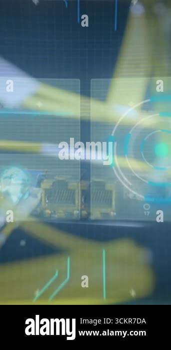 Animation of globe and data processing on screen over computer wires. computers, network, data ...