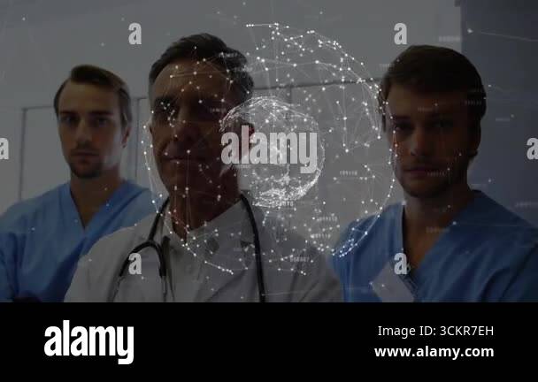Digital sphere appearing in front of medical staff at start intensifying showing data ...