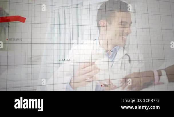 Doctor raising hand giving pill to patient while grid and red line animating health tracking ...