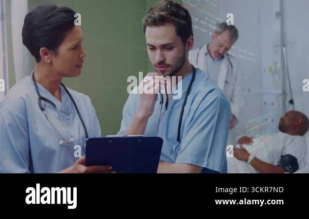 Nurse explaining clipboard data to intern as holographic charts drifting across hospital bedside ...