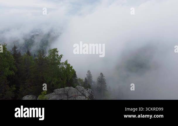 Steep cliff on a mountain peak with cross, overgrown with forest ...