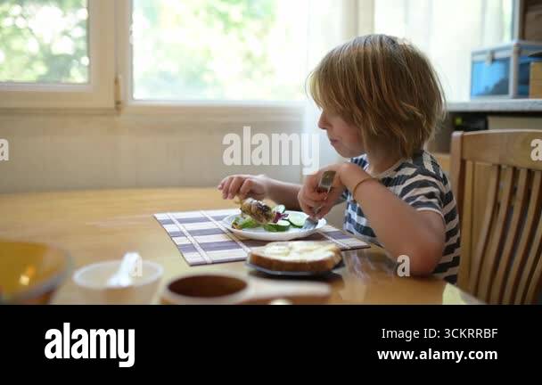 Young child eating chicken and salad at home dining table. Natural ...