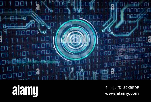 Flickering binary digits initiating central UI, traces extending, rings pulsing showing ...