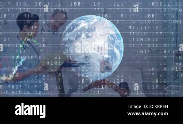 Nurse entering room with tablet, doctor reviewing medical data, globe ...