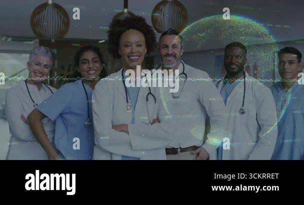 Digital glitch revealing medical team in hallway with animated globe ...