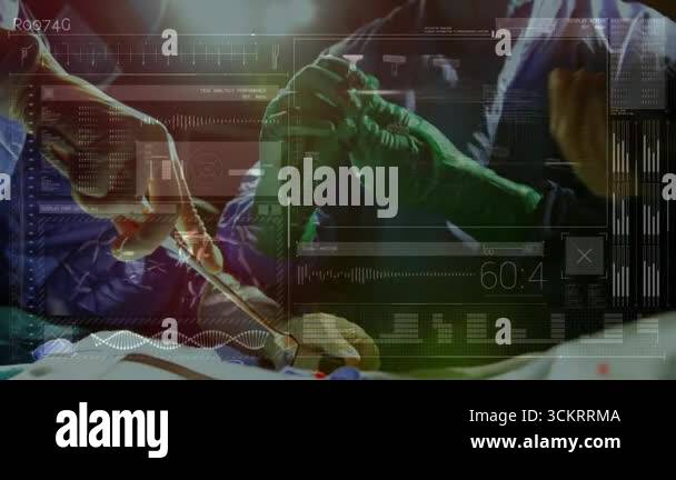 Surgical team extending scalpel and holding forceps while digital overlay tracking incision ...