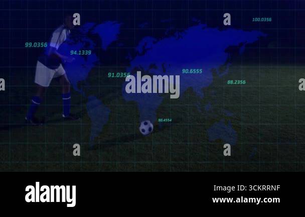 soccer player stepping forward and kicking ball across pitch under world map showing sports ...