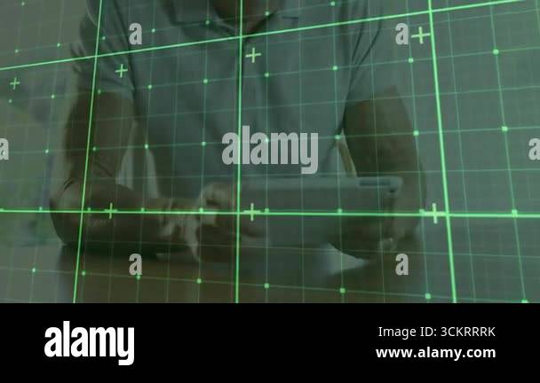 Grid overlay sweeping across frame and revealing senior male tapping ...