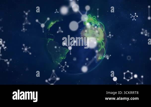 On start, globe rotating nodes drifting and green network arcs pulsating, illustrating ...