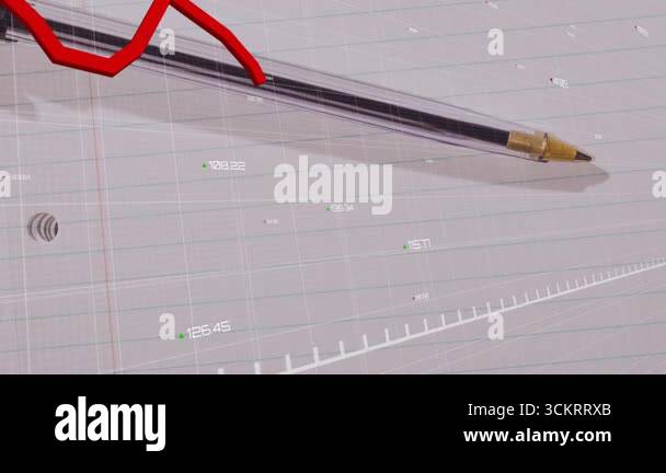 After grid overlay fading in, red line graph tracing fluctuating data trends across notebook ...