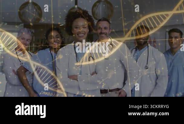 Medical team receiving fading DNA helix overlay generating genetic data ...