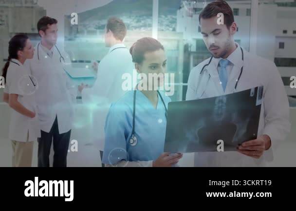 Nurse and physician reviewing X-ray initiating animated medical ...