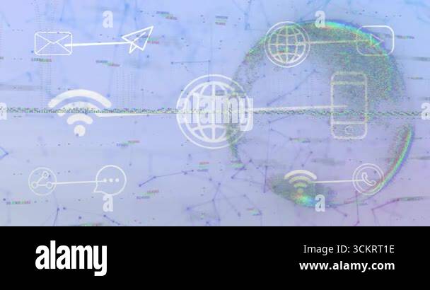 Glitch line scuttling starting mail icons, sphere rotating rippling ...