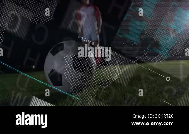 Soccer player stepping behind ball activating analytics overlay showing trajectory lines for ...