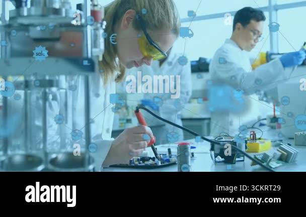 tech scientist soldering board while colleague pipetting as icons connecting, integrating ...