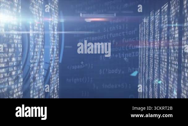 Opening digital data corridor sweeping lens flare while code snippets fading to visualize data ...
