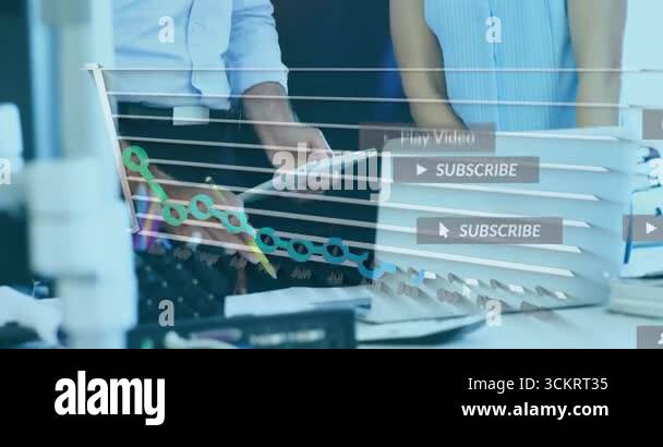 Team pointing at laptop screen and activating animated line chart for marketing analytics ...