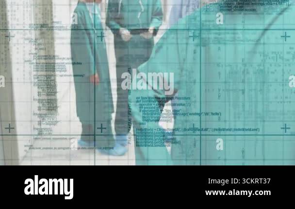 Surgeon moving forward while colleagues analyzing medical data with ...