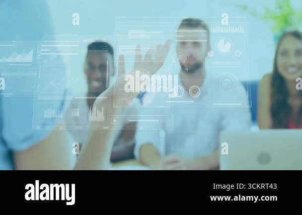 Female presenter raising hand guiding team through business charts with ...