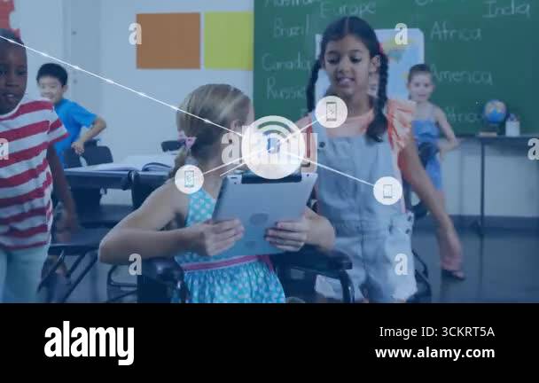 Girl in wheelchair tapping tablet screen and causing connectivity icons linking classroom peers ...