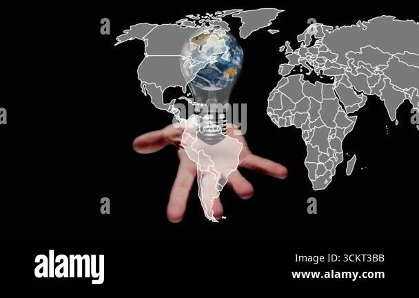 Hand sliding in, fading bulb containing rotating Earth globe over map ...