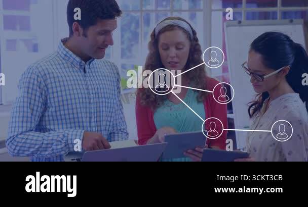 Team tapping tablet in meeting, generating animated network nodes ...