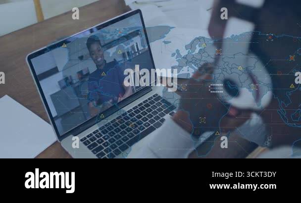 Man Tapping Laptop And Initiating Overlay During Remote Business Meeting With Animated World Map