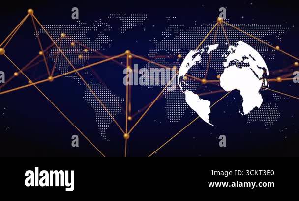 Dots forming map leading golden nodes connecting regions, white 3D globe spinning showing ...