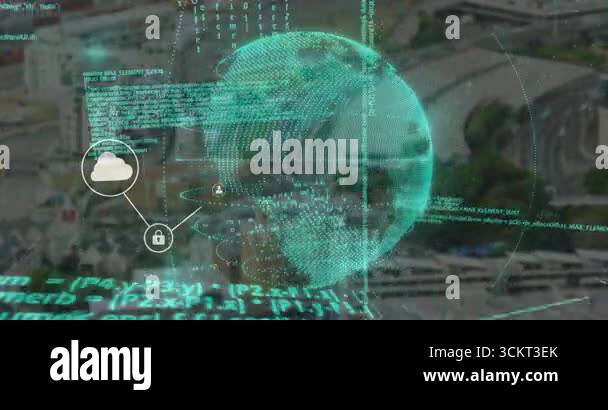 Aerial city view starting 3D globe floating, icons linking, code drifting showing digital ...