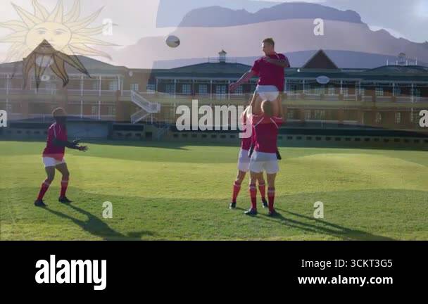 Thrower launching rugby ball starting lift catch pass run with animated ...