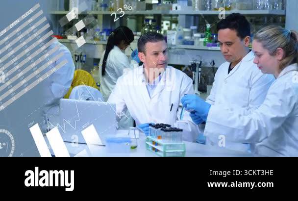 Research team handing test tube and initiating analysis using animated ...