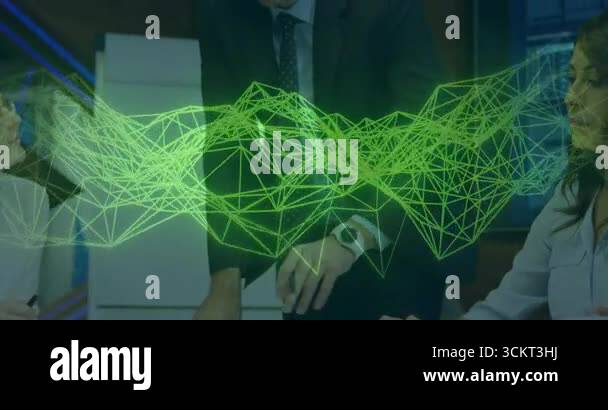 Green Wireframe Pulsing Over Boardroom Meeting Initiating Man Presenting Data While Group Noting